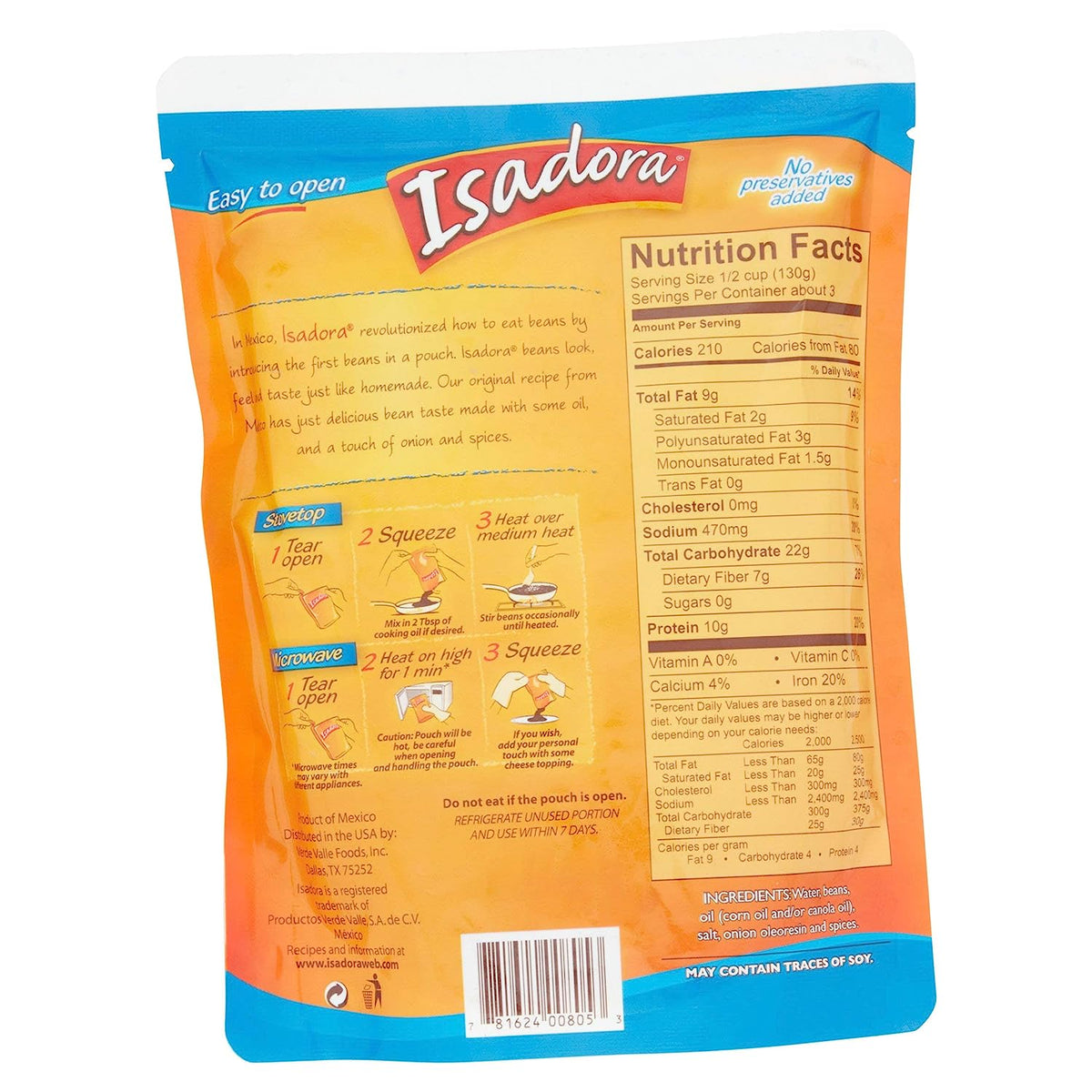 Isadora Refried Beans 15.2oz Pouch (Original Refried Beans, 6 Pack ...